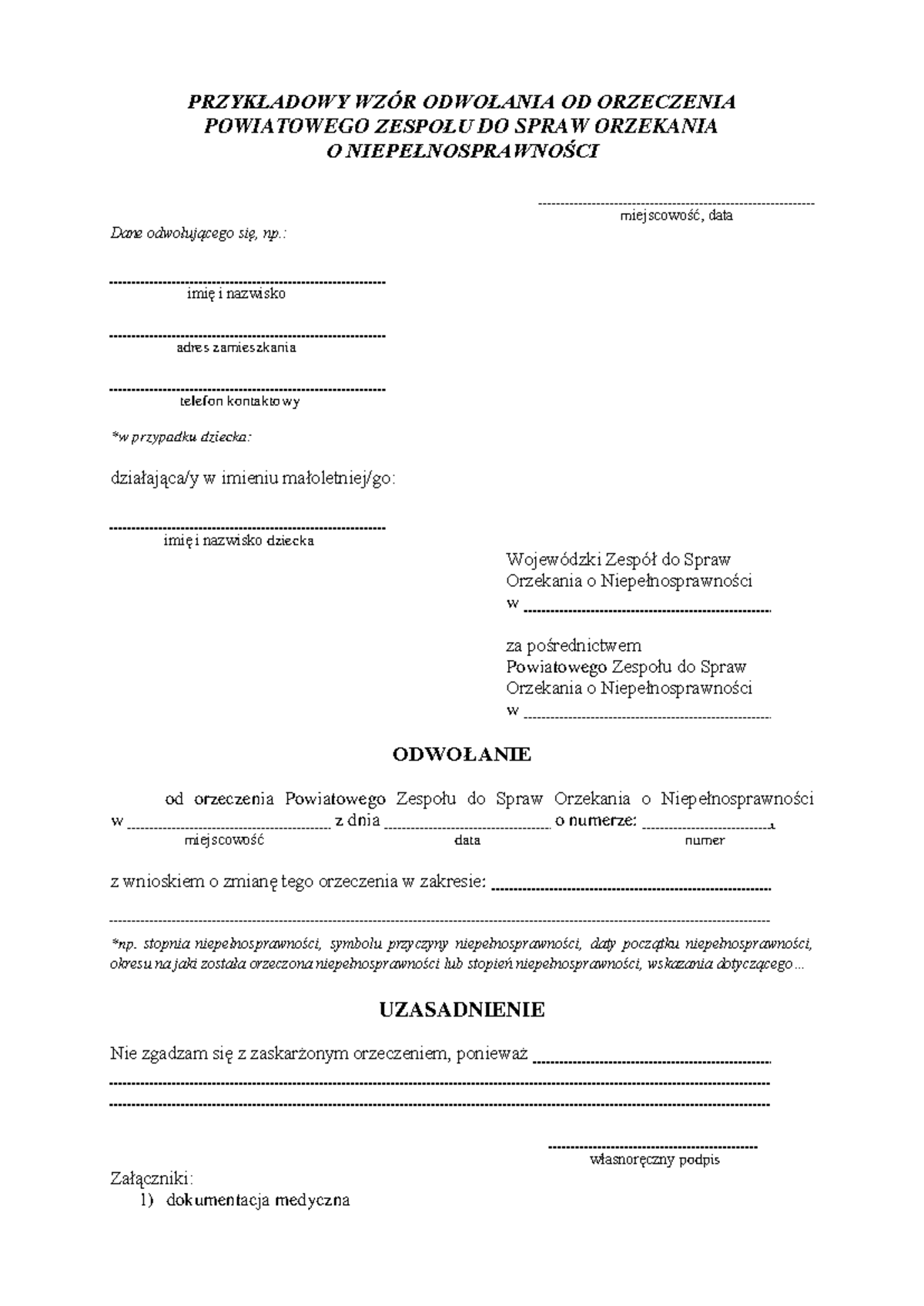 Przykładowy Wzór Odwołania od Orzeczenia o Niepełnosprawności - Studocu