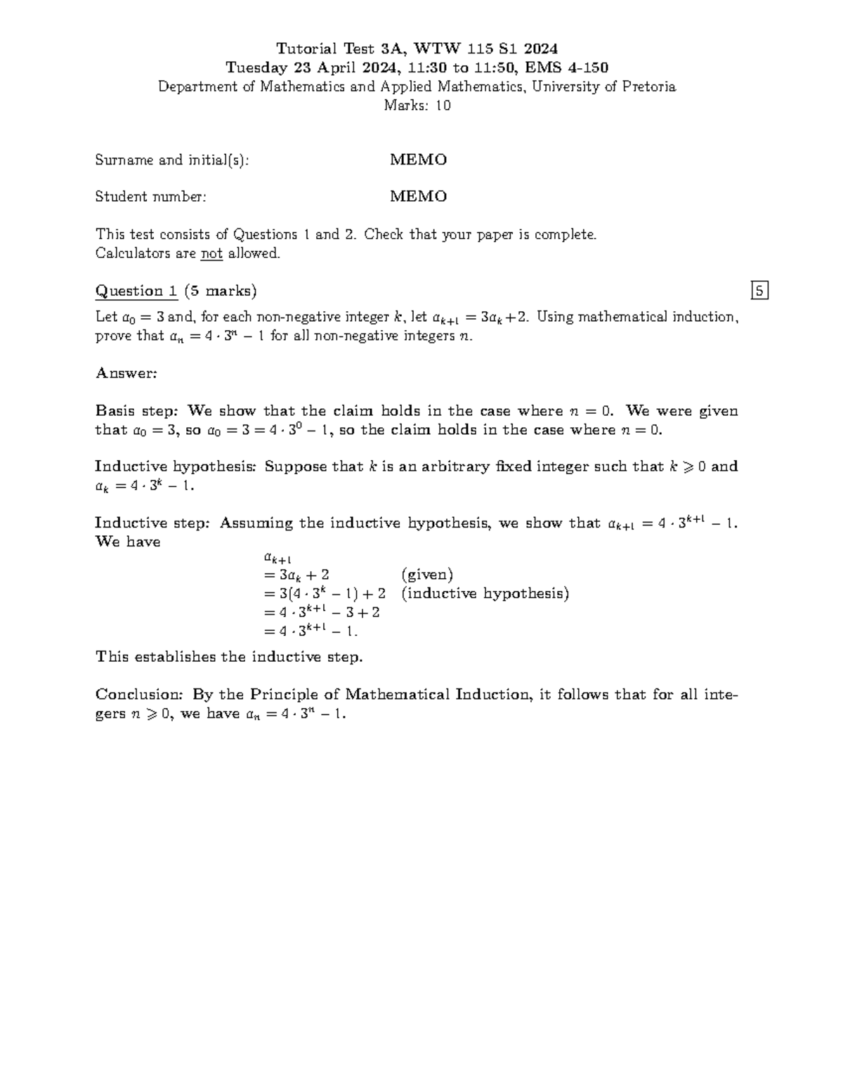 Tutorial Test 3 Memos - Tutorial Test 3A, WTW 115 S1 2024 Tuesday 23 ...