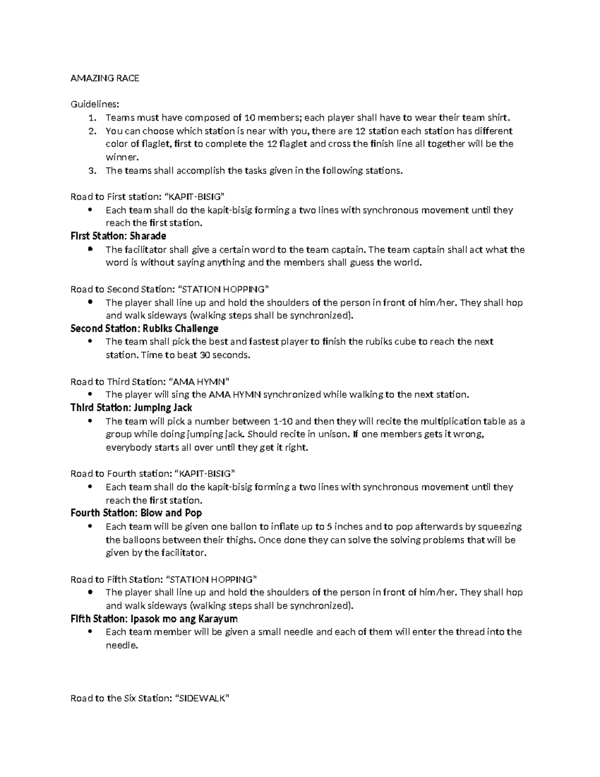 AMAZING RACE Mechanics: Team Guidelines & Station Tasks - Studocu