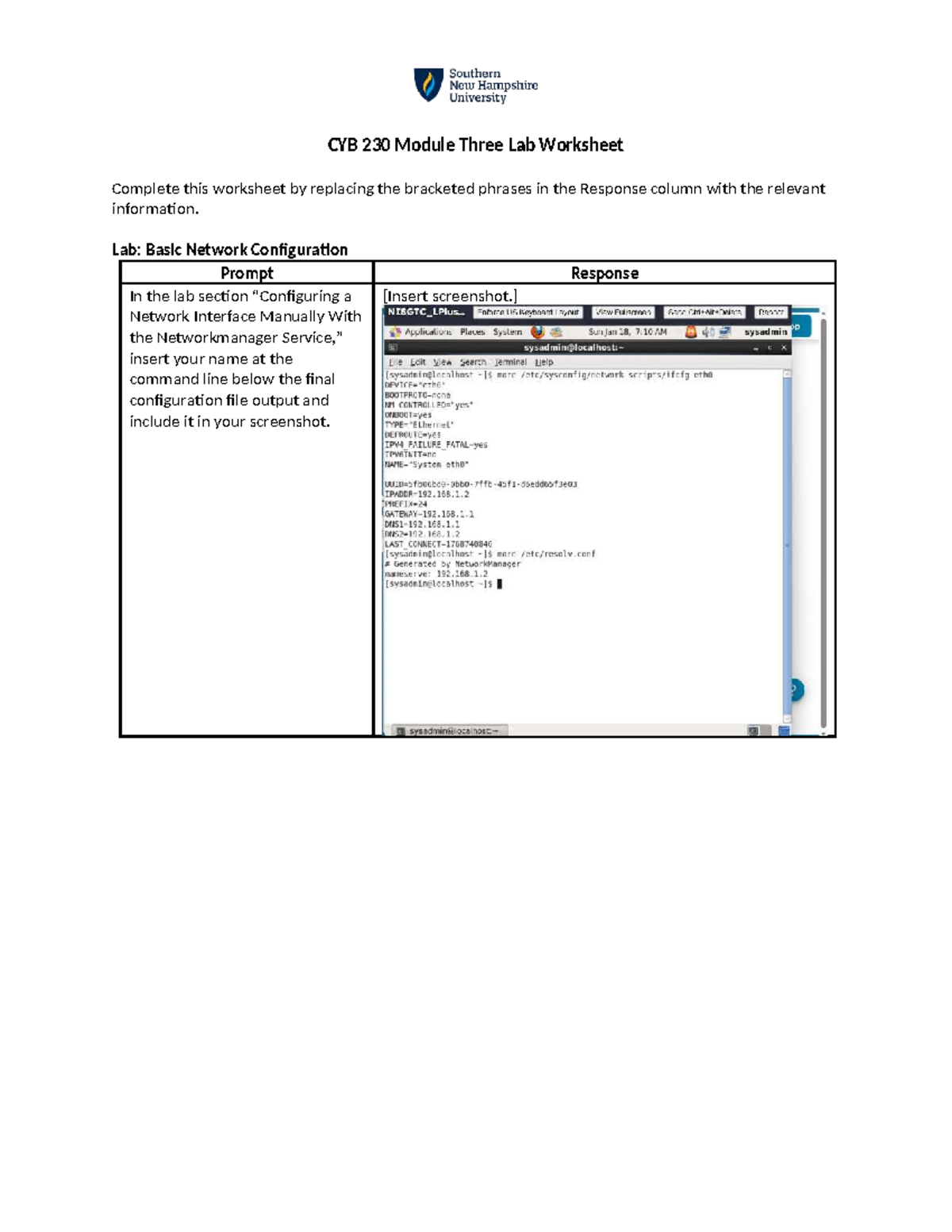CYB 230 Module 3 Lab Worksheet: Network Configuration & Log Analysis ...