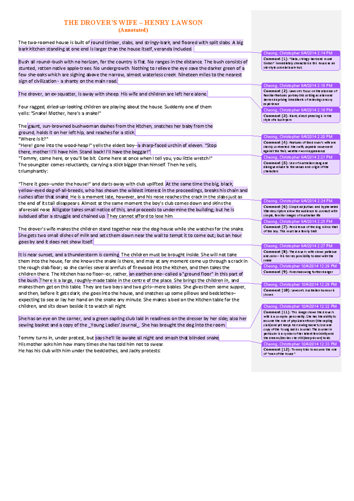 Annotated Study Notes on "The Drover's Wife" by Henry Lawson - Studocu