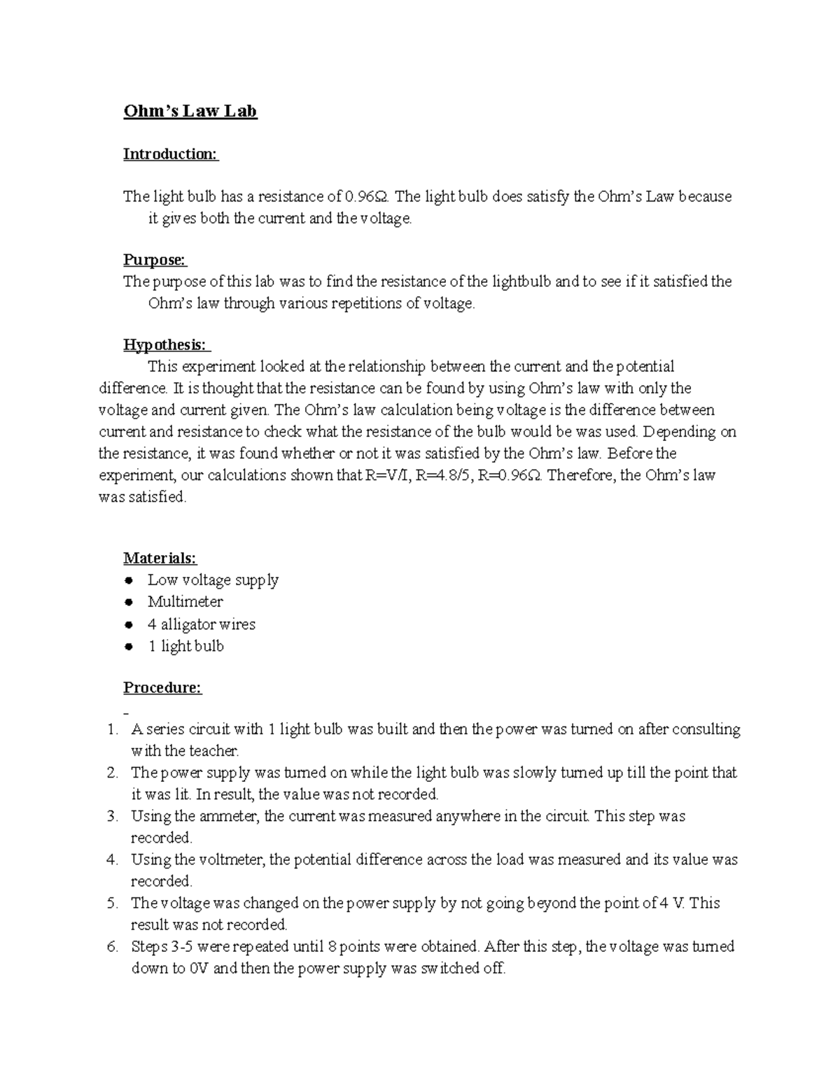 Omh's law 2016/2017 - Ohm’s Law Lab Introduction: The light bulb has a ...