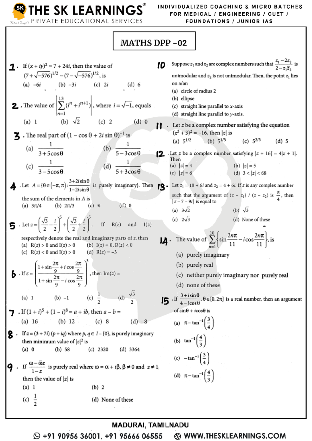 MAT DPP JEE - PREP: Complex Numbers and Their Properties - Studocu