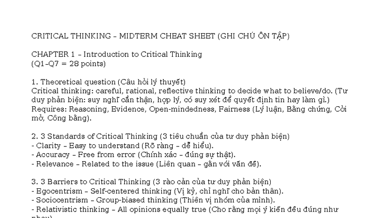 CRITICAL THINKING MIDTERM CHEAT SHEET (GHI CHÚ ÔN TẬP) - Studocu