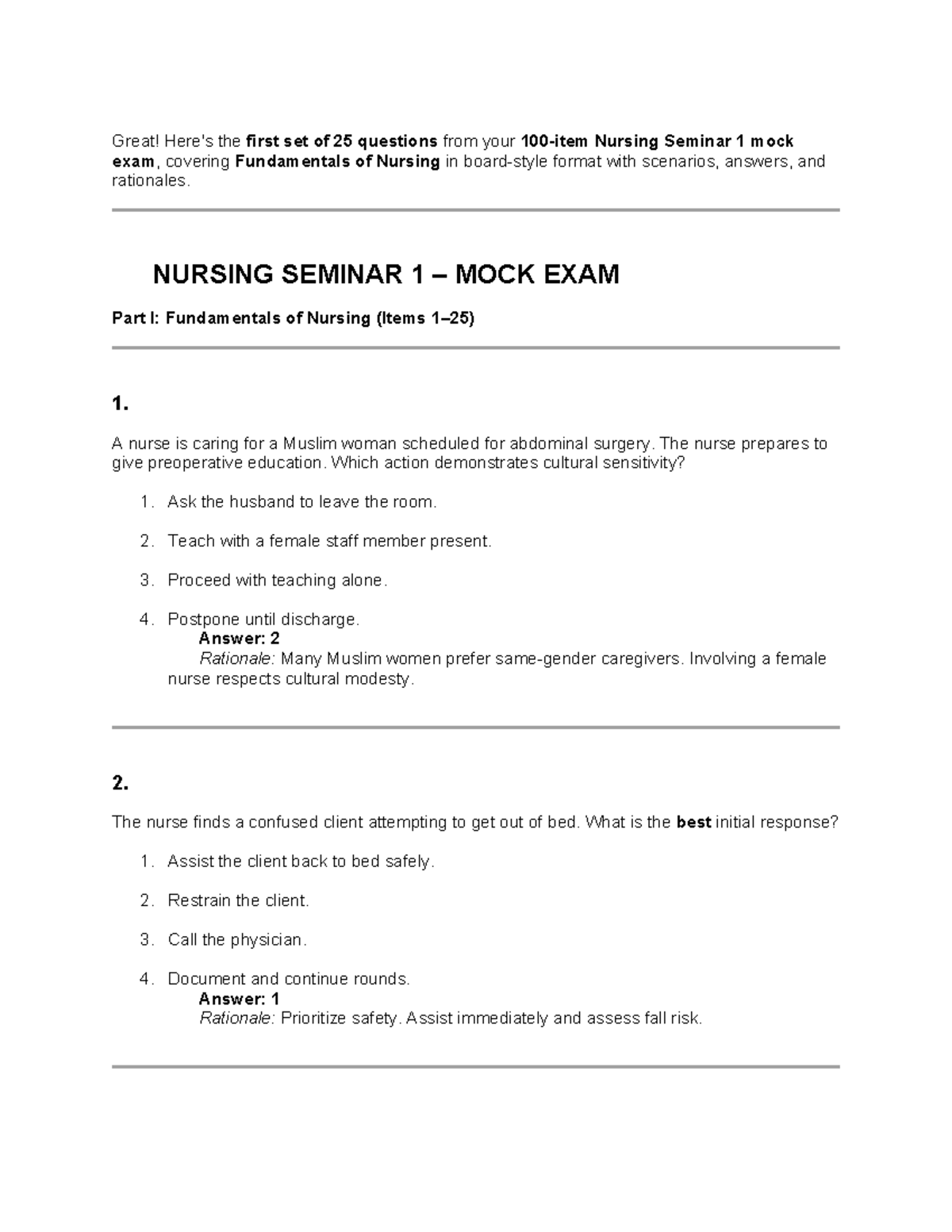 NURSING SEMINAR 1 MOCK EXAM: Fundamentals of Nursing Questions ...
