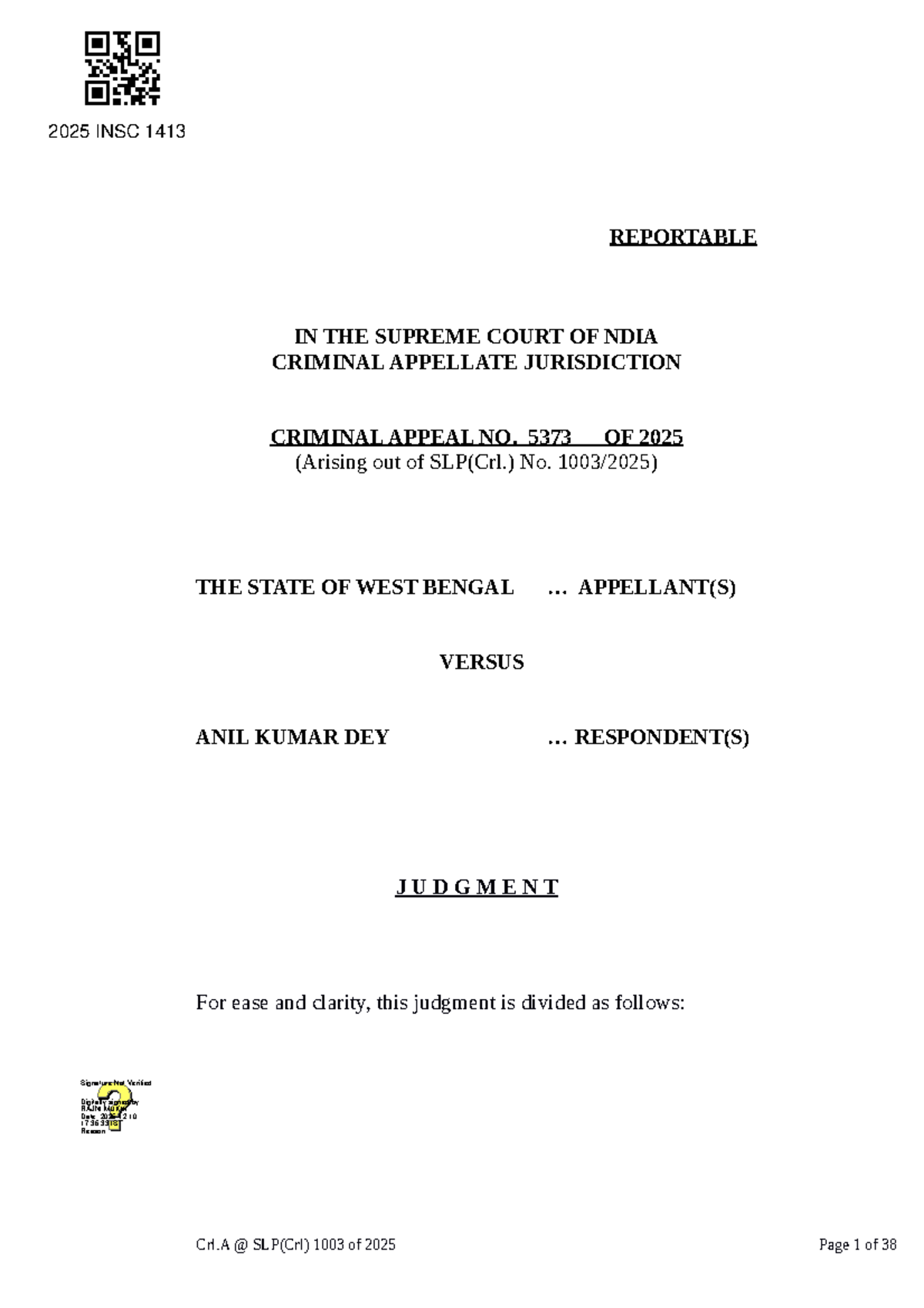 2025 INSC 1413 Criminal Appeal Judgment: State of WB vs. Anil Kumar Dey ...