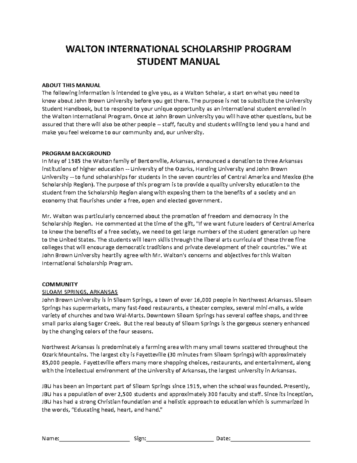 Walton International Scholarship Program: Student Manual Guide - Studocu