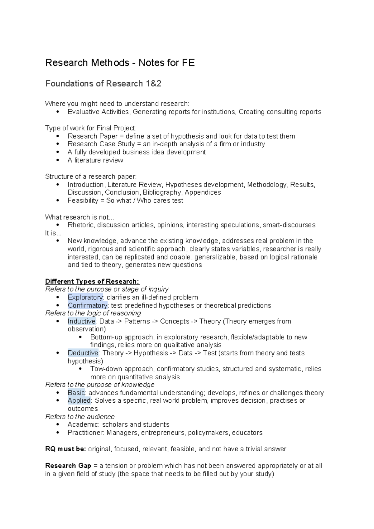 Research Methods Notes for FE Foundations of Research - Studocu