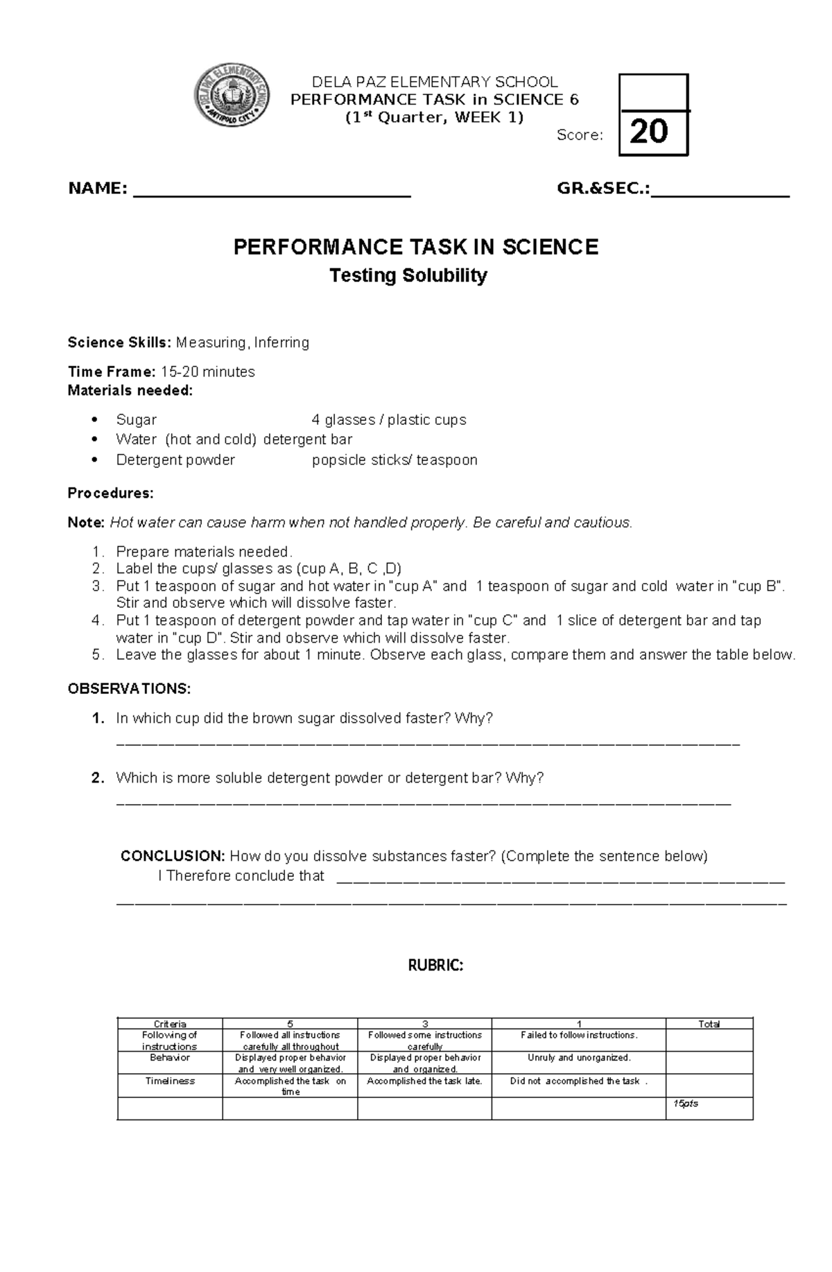 Performance Task in Science 6: Solubility Testing for 1st Quarter - Studocu