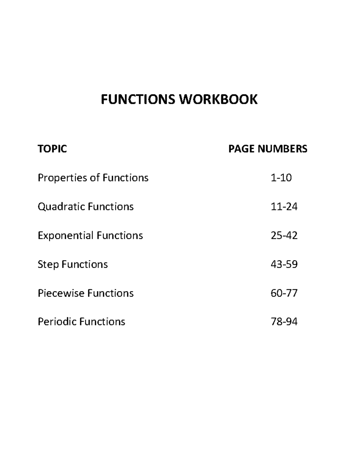 Workbook+-+ Functions - FUNCTIONS WORKBOOK TOPIC PAGE NUMBERS ...