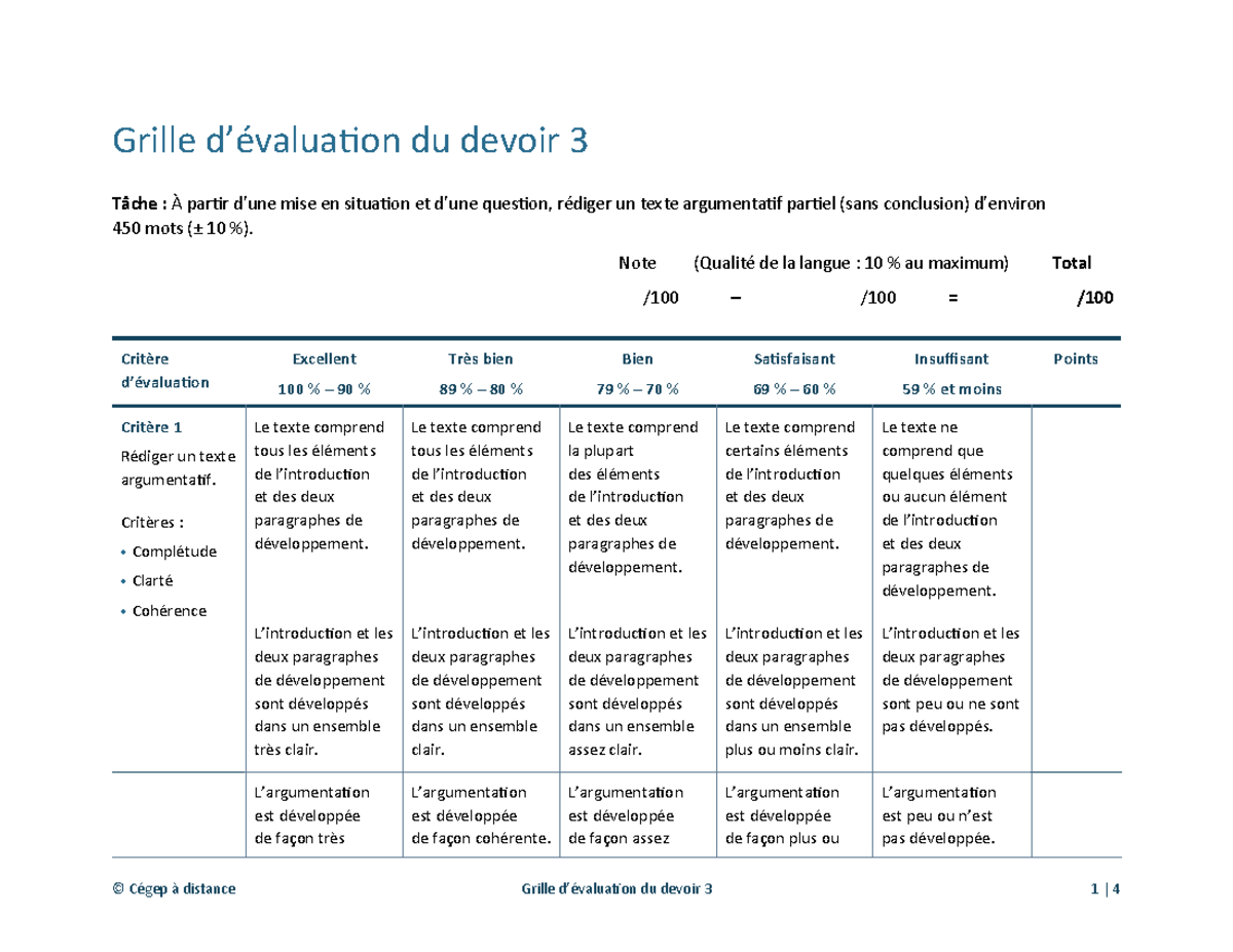 Grille du Devoir 3 : Rédaction d'un Texte Argumentatif (Cégep à ...