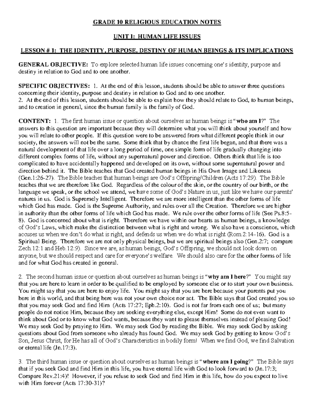 GRADE 10 RELIGIOUS EDUCATION NOTES UNIT I: HUMAN LIFE ISSUES OVERVIEW ...