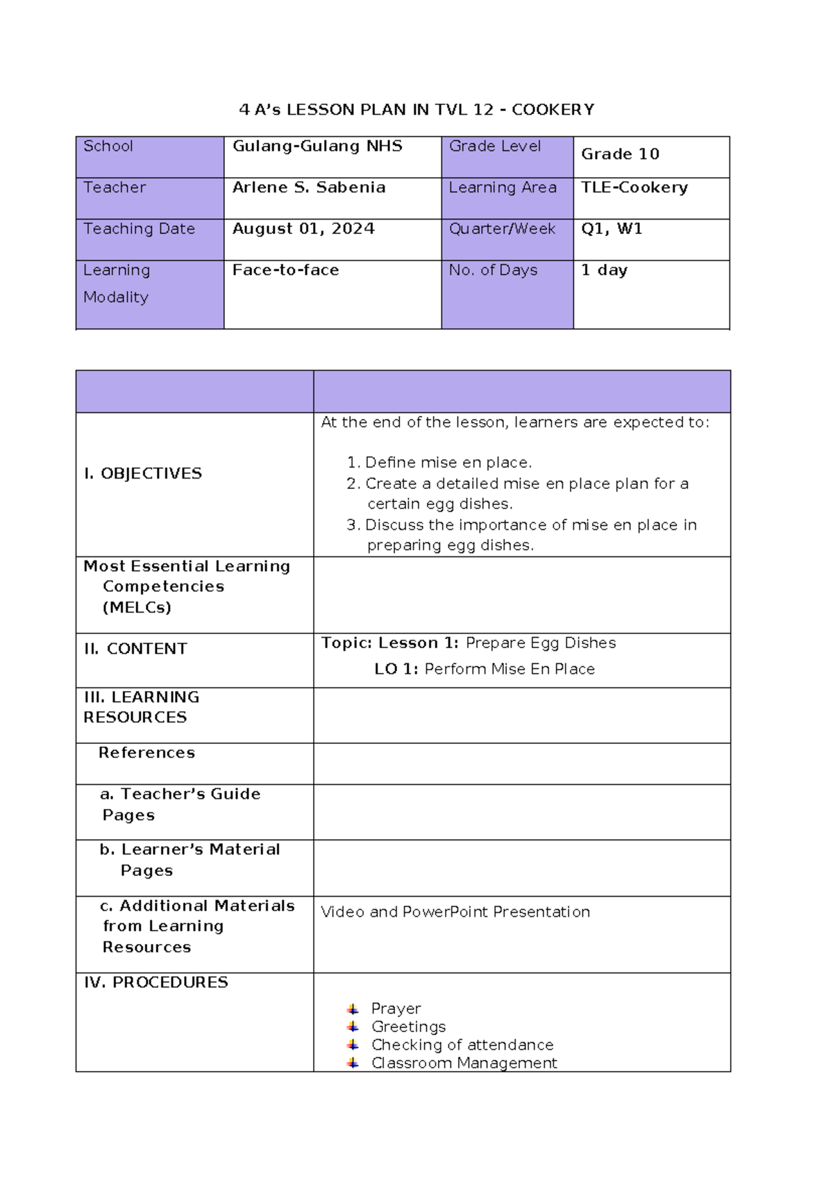 TVL 12 Cookery Lesson Plan - Perform Mise en Place (Aug 1, 2024) - Studocu