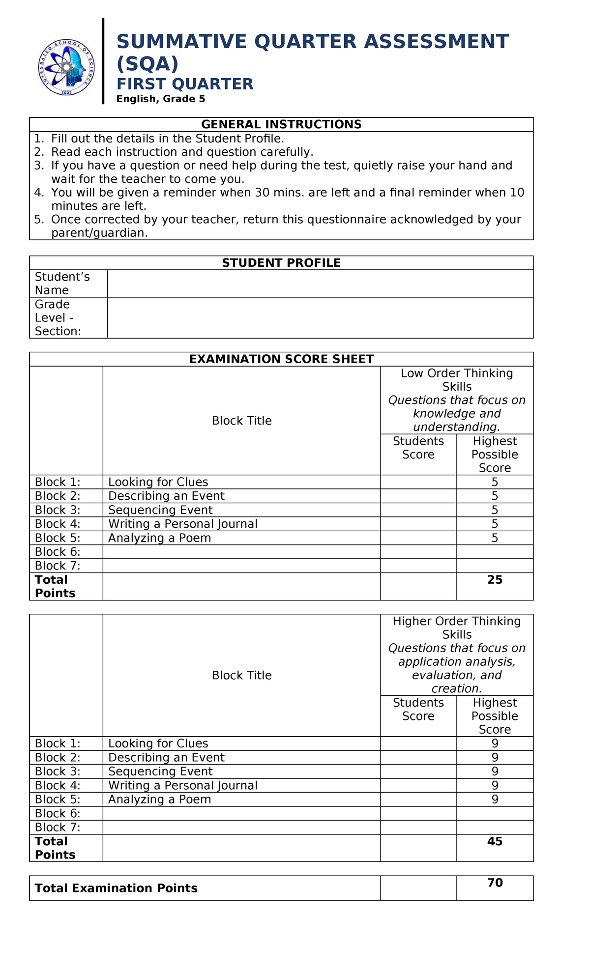 Q1-ENG5-SQA - Sample Exam for Grade 5 English Summative Assessment ...