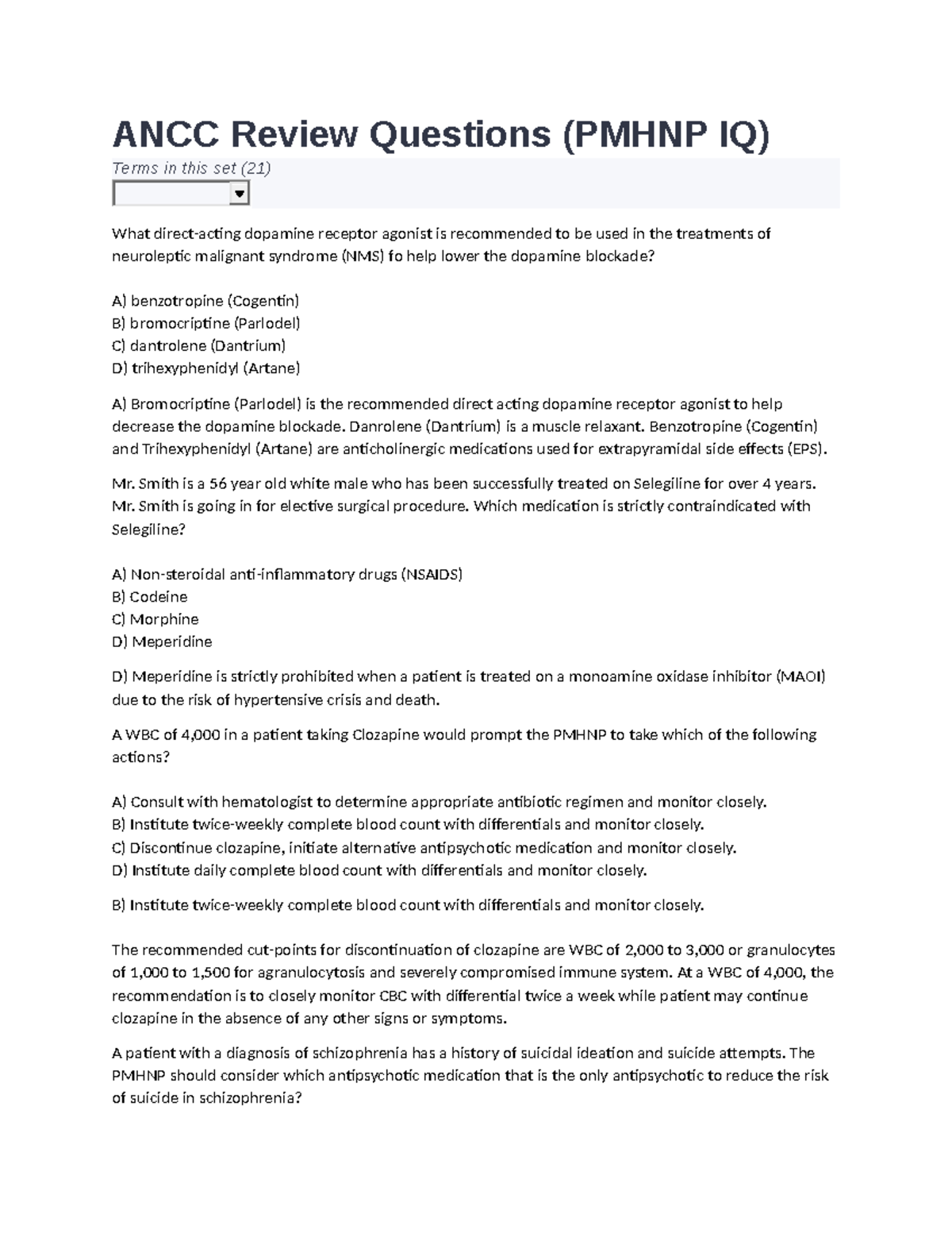 PMHNP Exam Review Questions Set for Certification Prep - Studocu