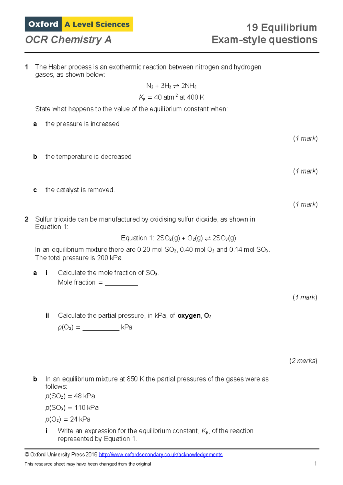 OCR Chemistry A: Equilibrium Questions (19 Questions) - Studocu