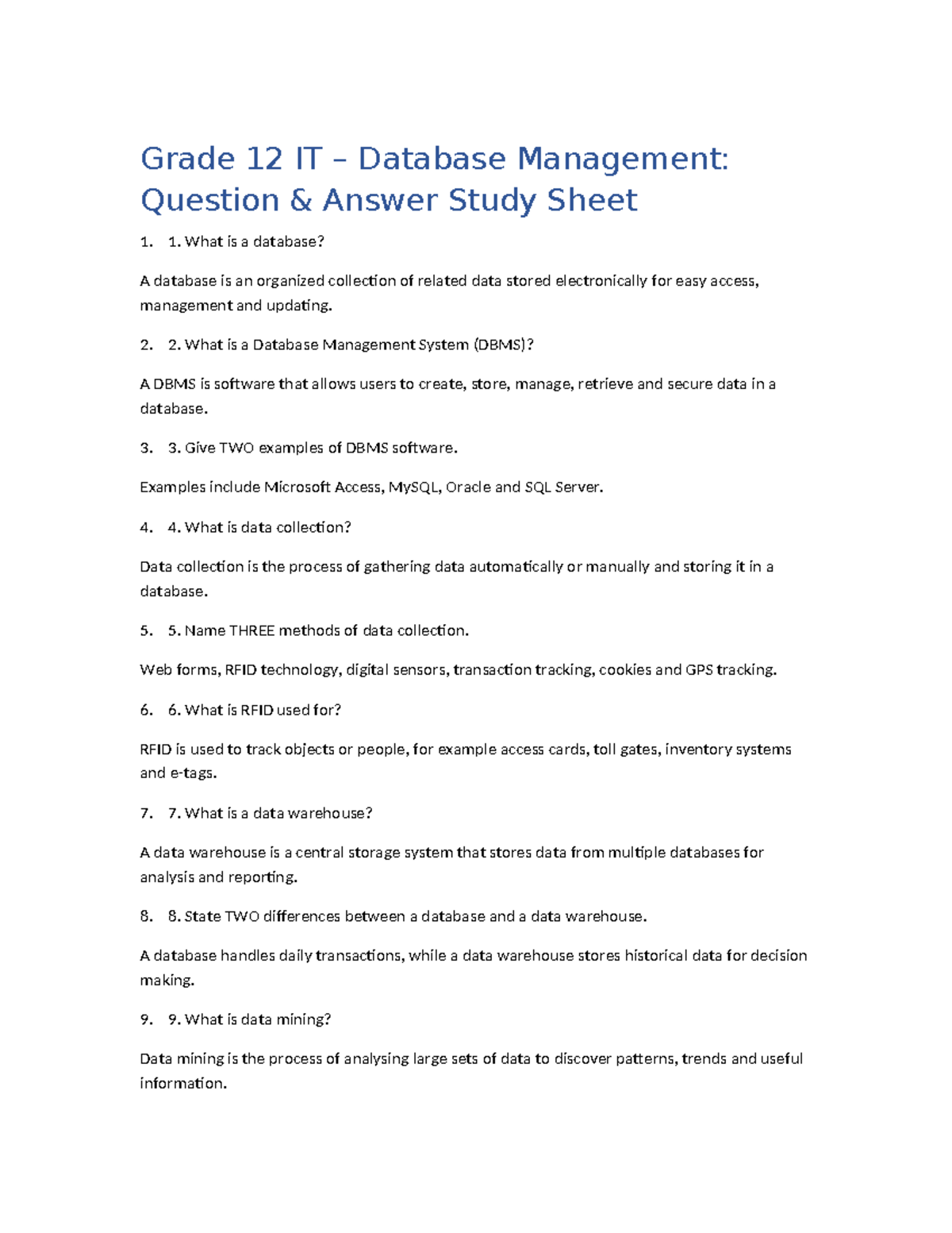 Grade 12 IT: Database Management Q&A Revision Sheet - Studocu