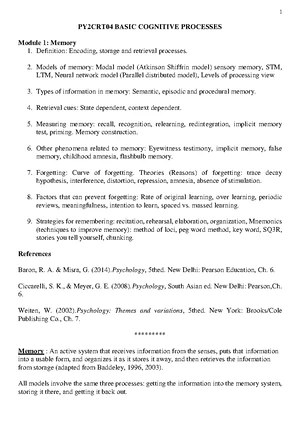Chapter 1 Memory - Psychology notes - PY2CRT04 BASIC COGNITIVE ...