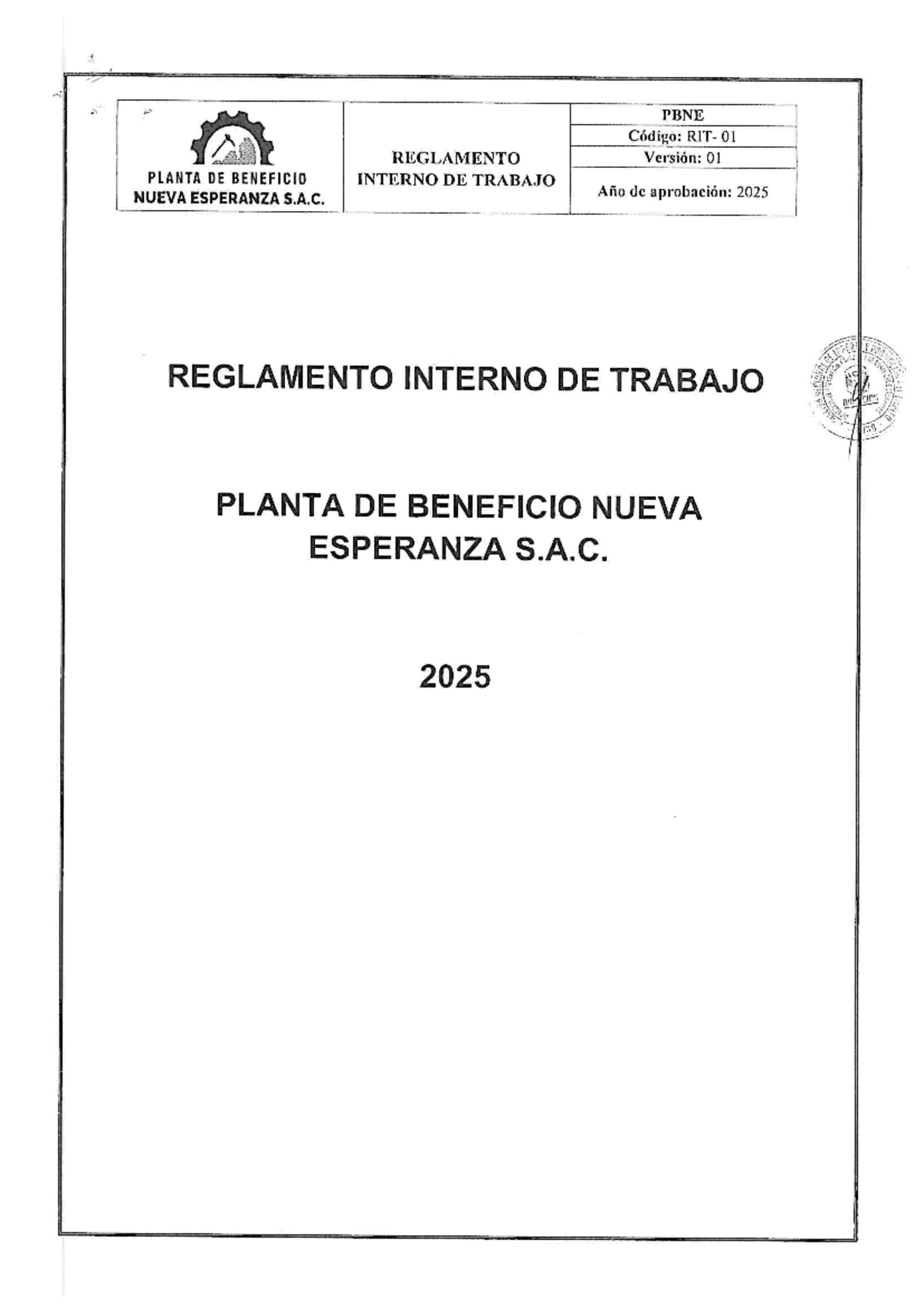Reglamento Interno de Trabajo (RIT) - PBNE Código: 01 - 2025 - Studocu
