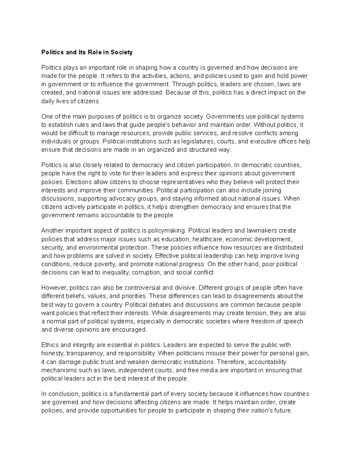 Politics and Its Impact on Society: A Comprehensive Overview - Studocu