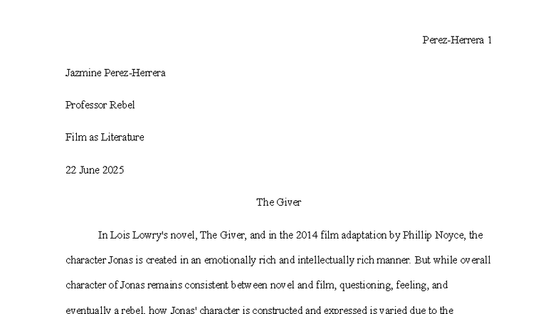 ENG 101 Essay: Characterization of Jonas in The Giver Novel vs. Film ...