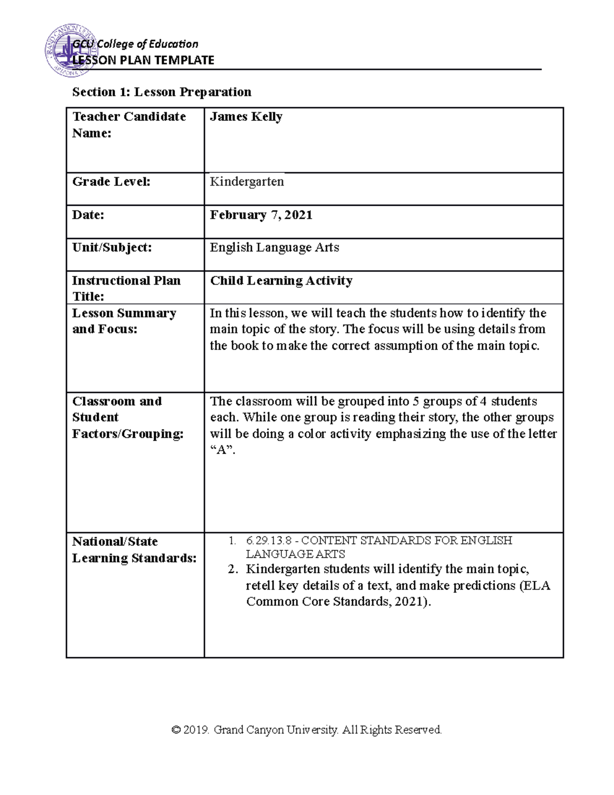 COE 101: Kindergarten English Lesson Plan on Identifying Main Topics ...