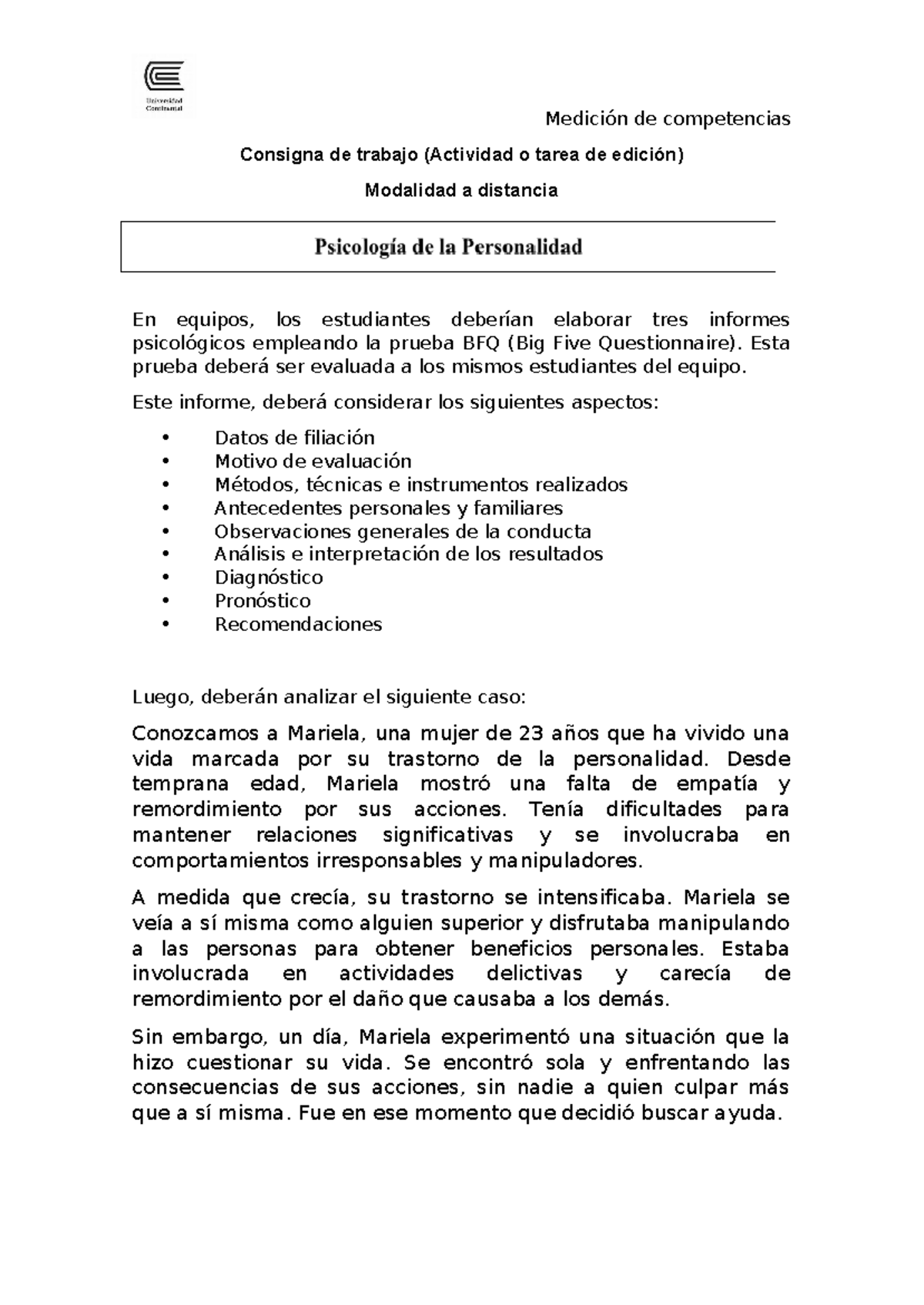 Consigna- Psicología de la personalidad - Medición de competencias Consigna de trabajo ...