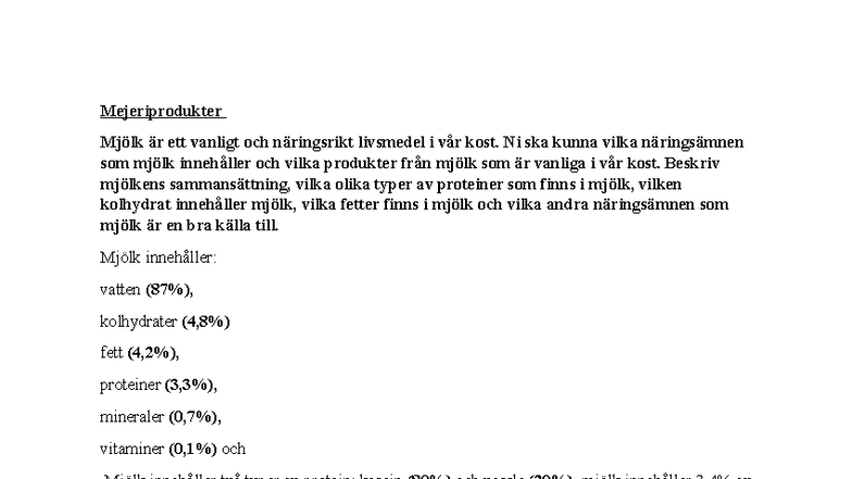 3. Mejeriprodukter: Mjölkens Näringsinnehåll och Bearbetning - Studocu