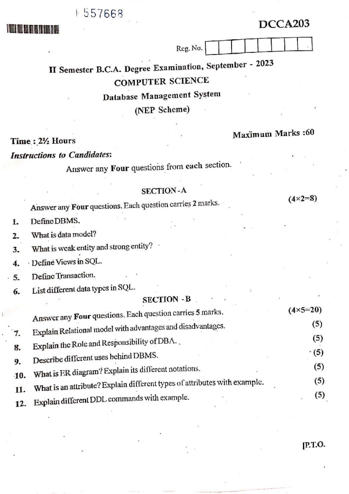 DCCA203 II Sem B.C.A. DBMS 2023 Question Paper - Studocu