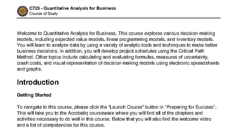 C723 Quantitative Analysis for Business Course Overview and ...