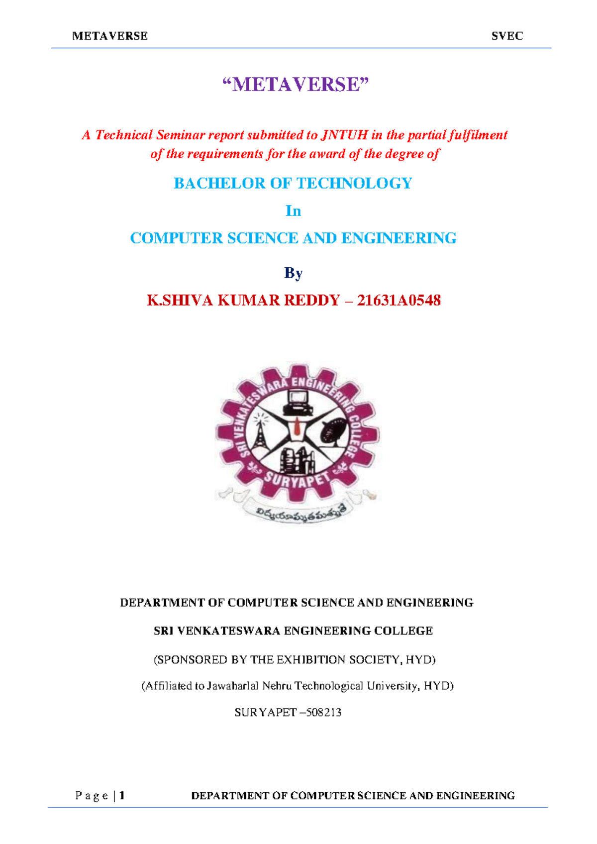 Metaverse 1 - metavese abouut - “METAVERSE” A Technical Seminar report ...