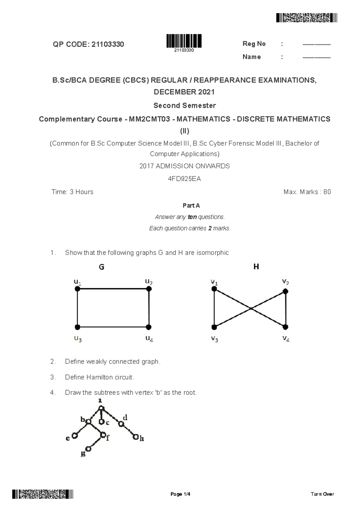 Bsc bca 2 sem mathematics discrete mathematics 2 21103330 dec 2021 - QP ...