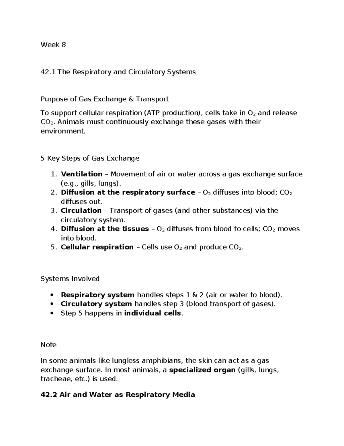 Week 8 - Lecture Notes on Respiratory & Circulatory Systems - Studocu