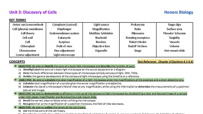 Unit 3: Discovery of Cells Review Sheet - Honors Biology 2024 - Studocu