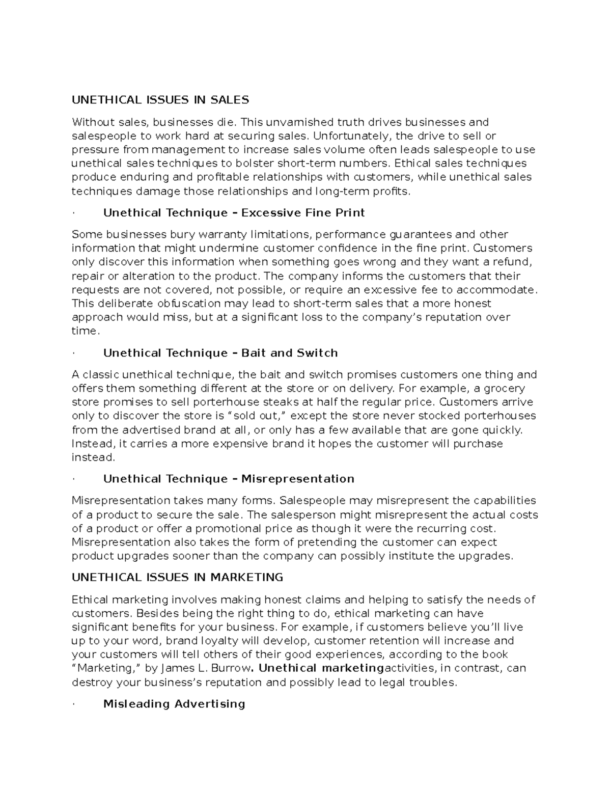 Unethical Issues IN Sales and marketing - UNETHICAL ISSUES IN SALES ...