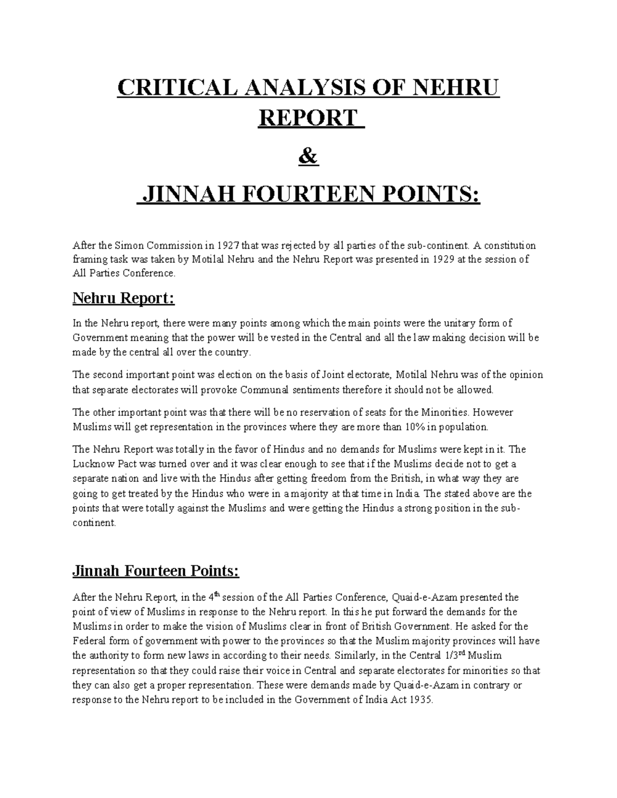 CRITICAL ANALYSIS OF NEHRU REPORT & JINNAH'S 14 POINTS - Studocu