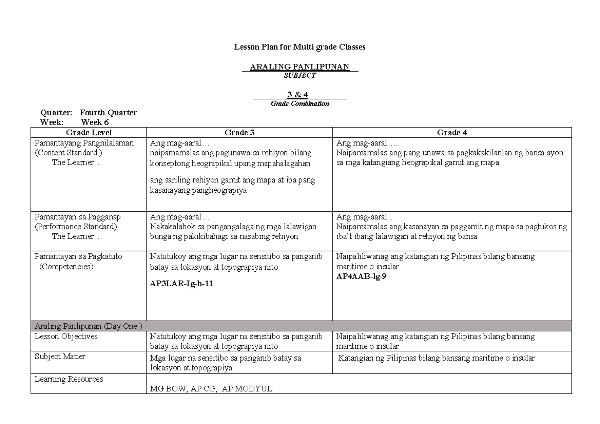 MG DLP Aralpan 34 - Lesson Plan for Multigrade Classes on Risks - Studocu