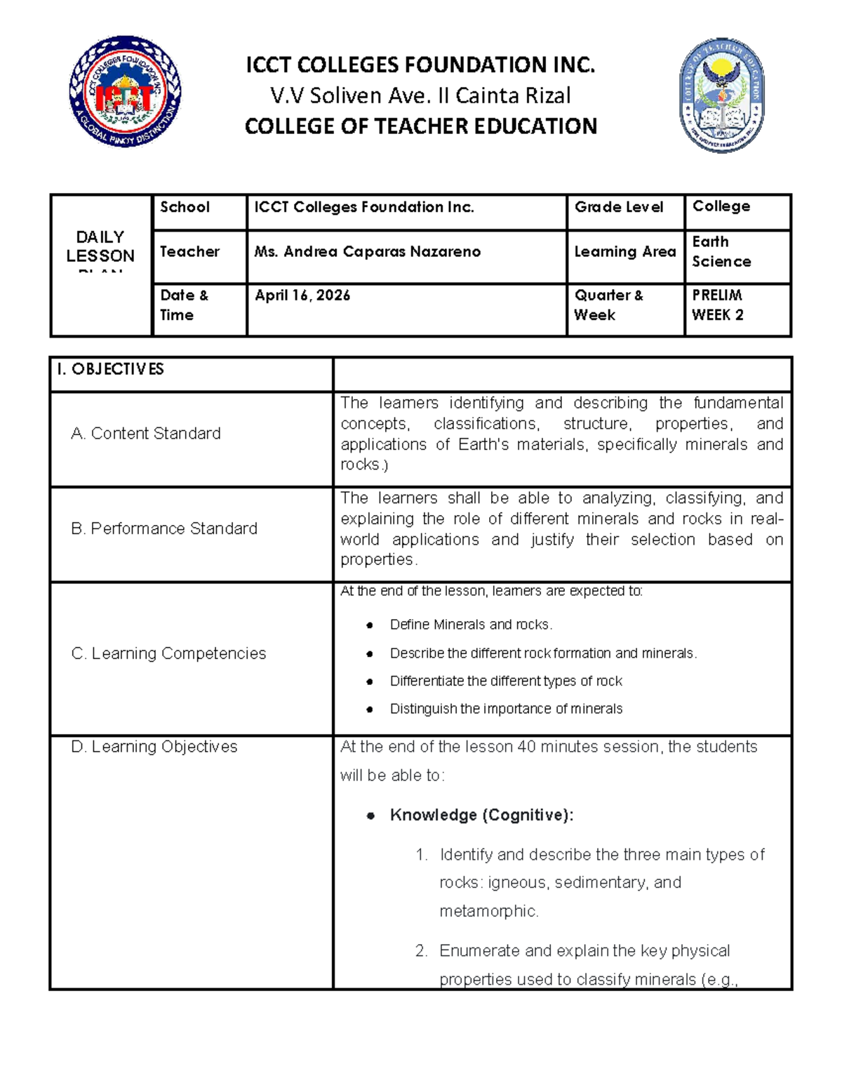 ICCT COLLEGES FOUNDATION INC. Earth Science Lesson Plan: Minerals ...