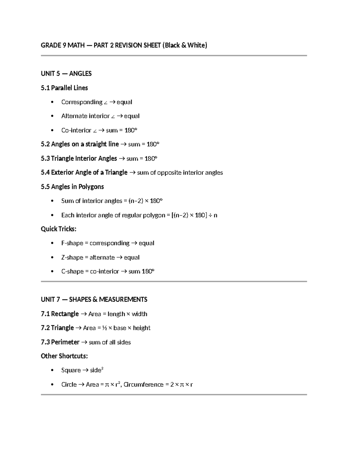 GRADE 9 MATH REVISION SHEET: KEY CONCEPTS & TRICKS - Studocu