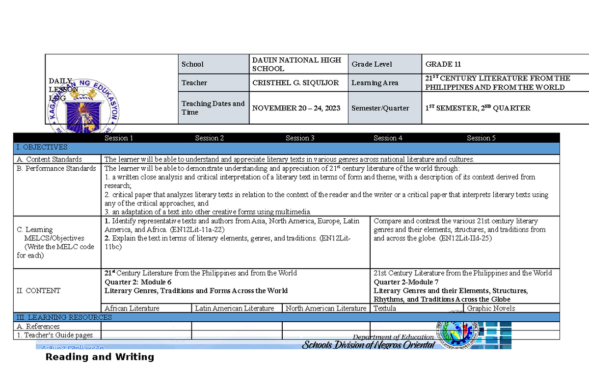 21st Century Literature DLP 02 - Grade 11 Lesson Plan Module 6 - Studocu