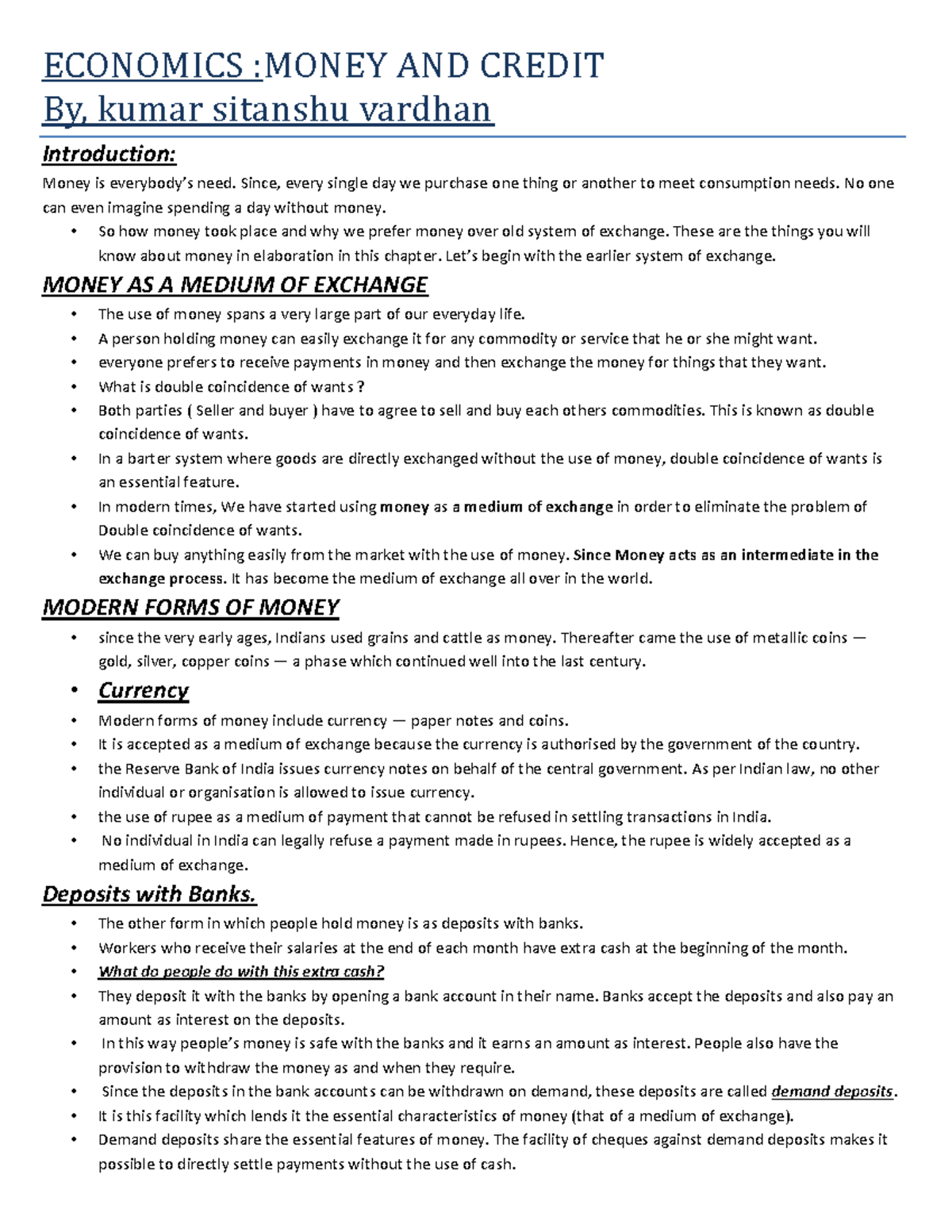 ECONOMICS: Money and Credit Notes for Final Exam Preparation - Studocu