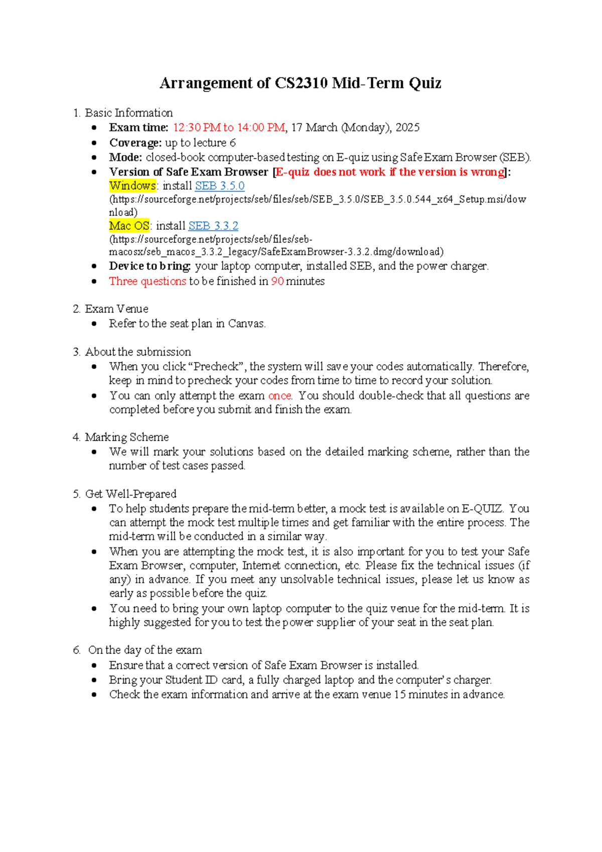 Arrangement of CS2310 Quiz 1 - Important Exam Details 2025 - Studocu