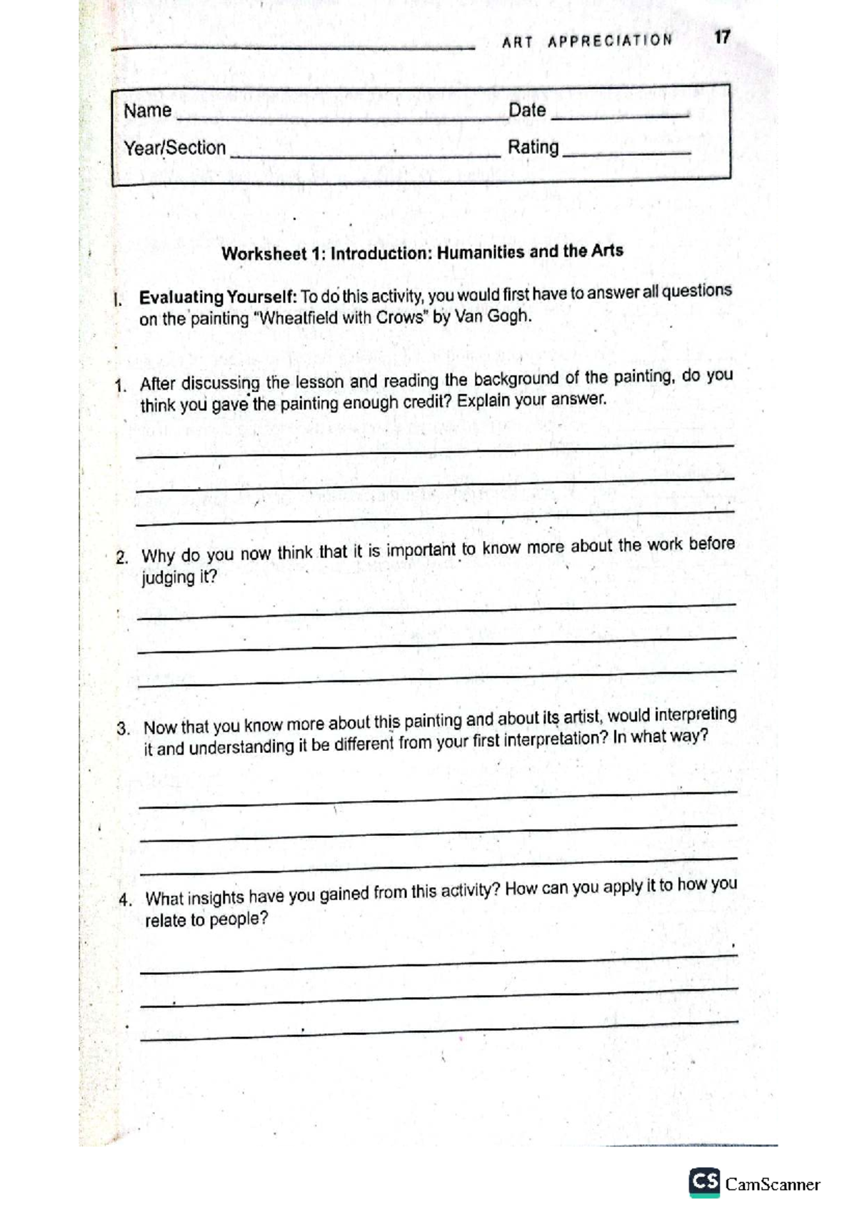 ART APP 17: Worksheets on Art Appreciation and Evaluation Activities ...