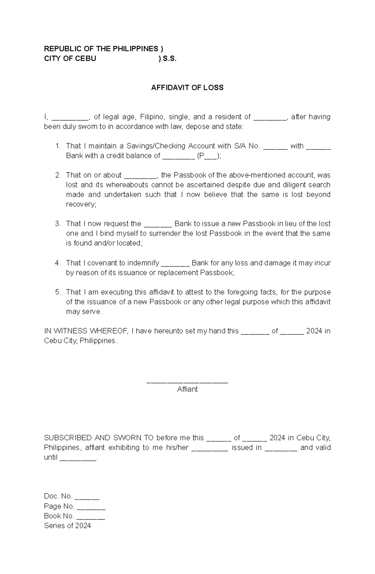 Affidavit of Loss - Passbook for Cebu City, Philippines - Studocu