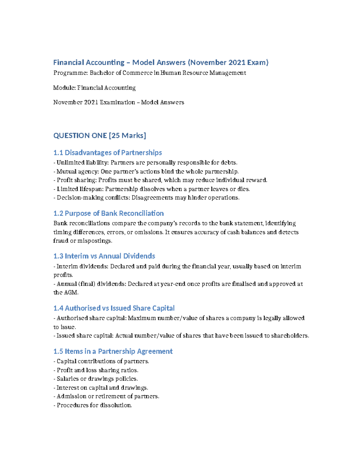 Financial Accounting (BCom HRM) Nov 2021 Exam Model Answers - Studocu