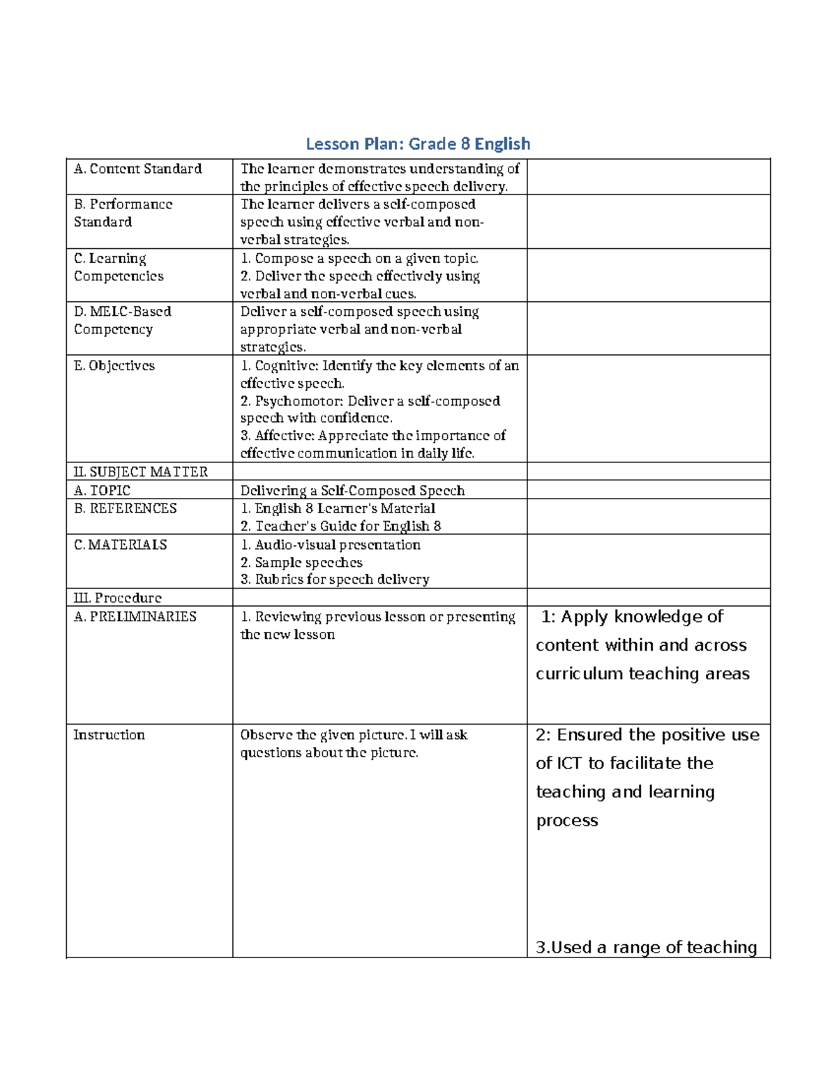 Grade 8 English Lesson Plan: Effective Speech Delivery Techniques - Studocu