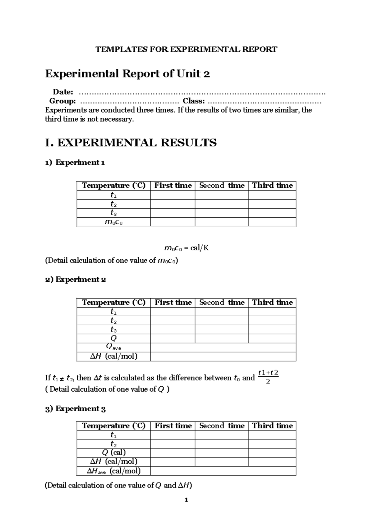 Experimental Report Templates for Unit 2, 3, 5, and 8 - Studocu