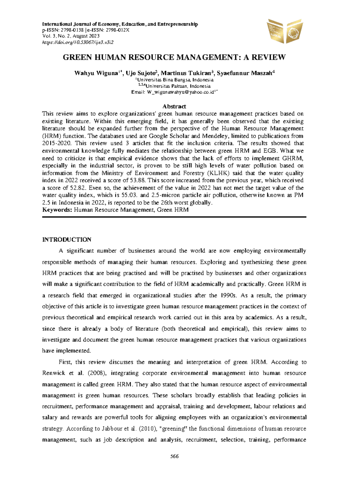 Green Human Resource Management: A Comprehensive Review (Vol. 3, No. 2 ...