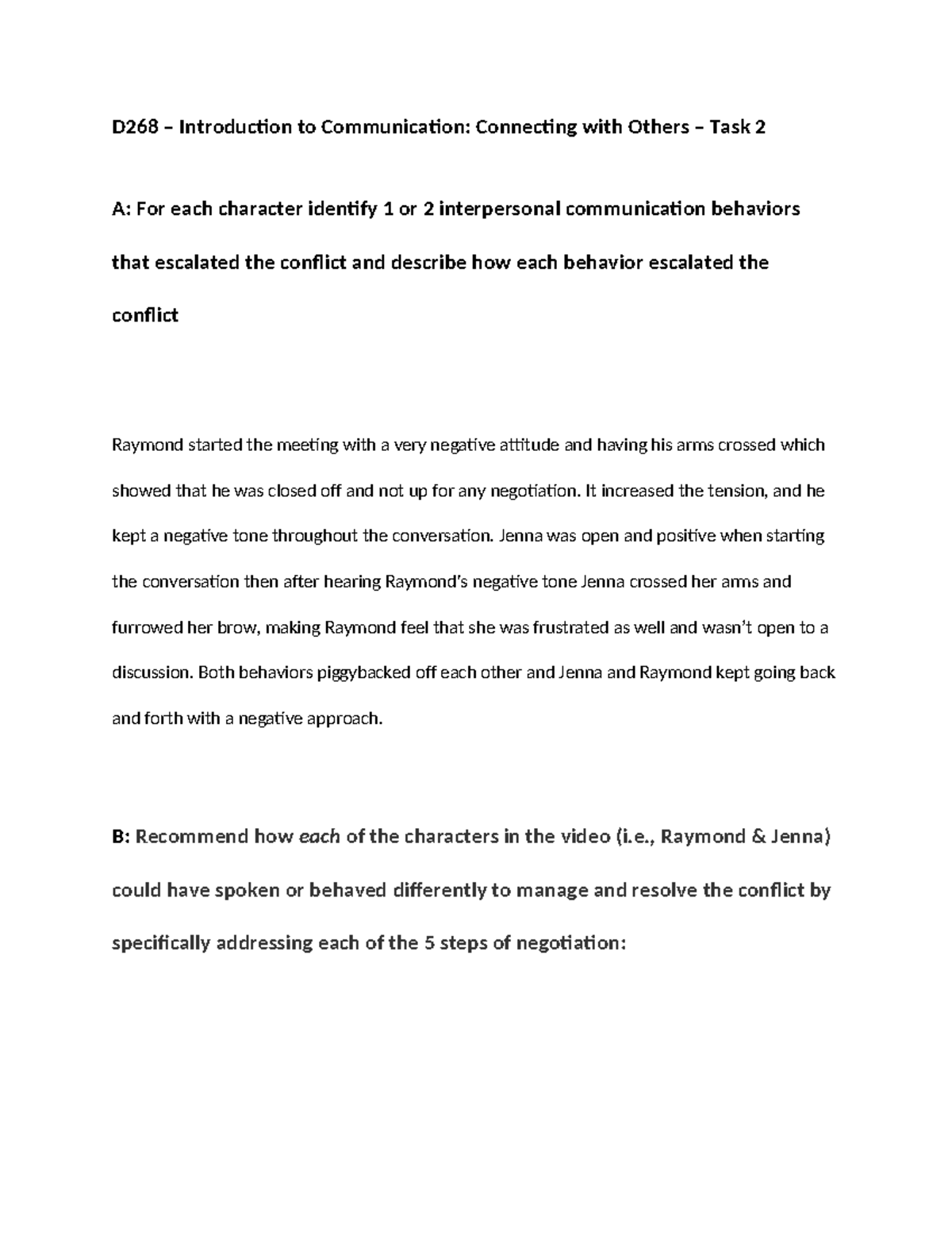 D268 Task 2: Analyzing Interpersonal Communication in Conflict ...