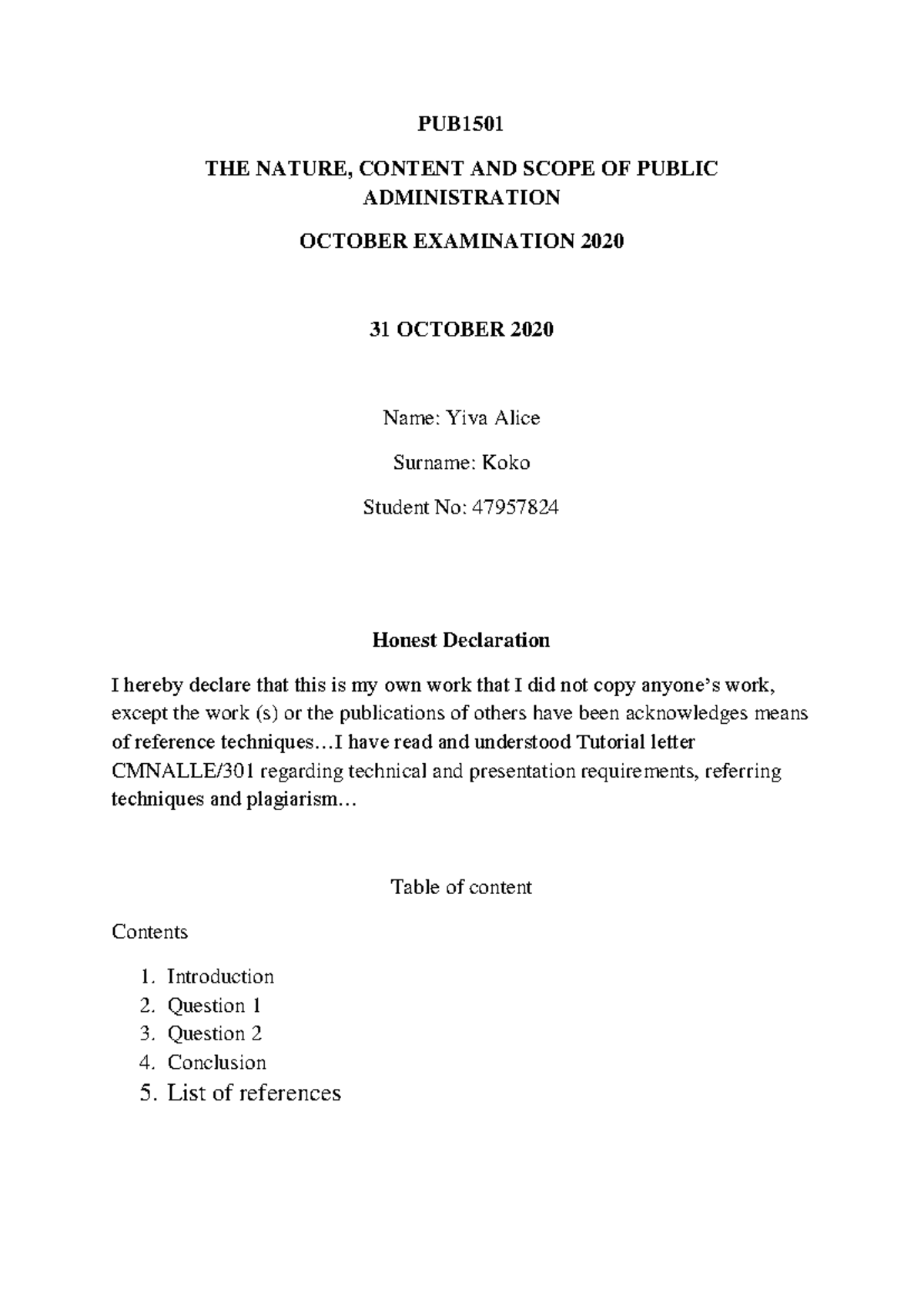PUB1501 OCT 2020 EXAM ESSAY: PUBLIC ADMINISTRATION & COVID-19 - Studocu